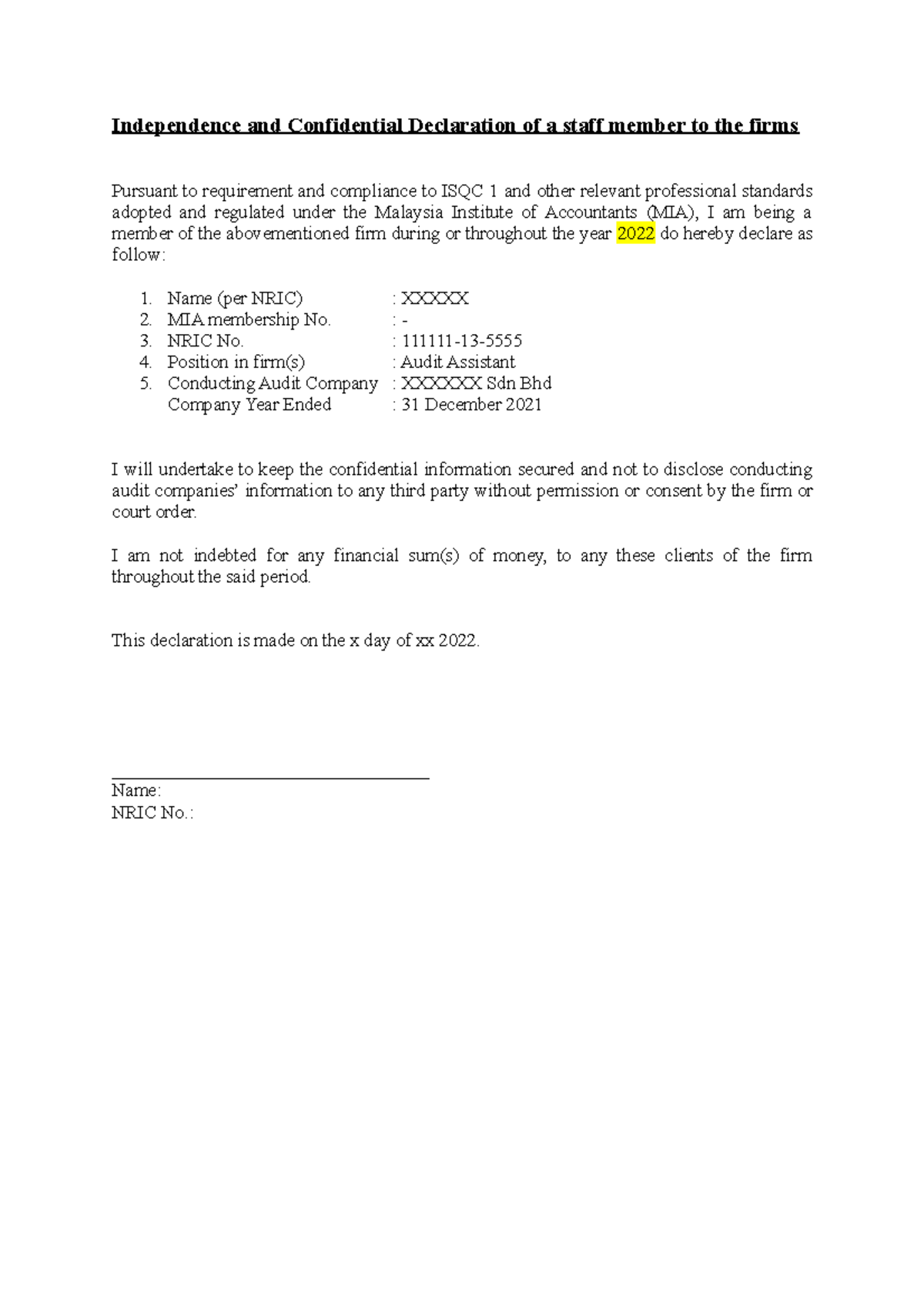 Independence and Confidential Declaration of a staff member to the ...