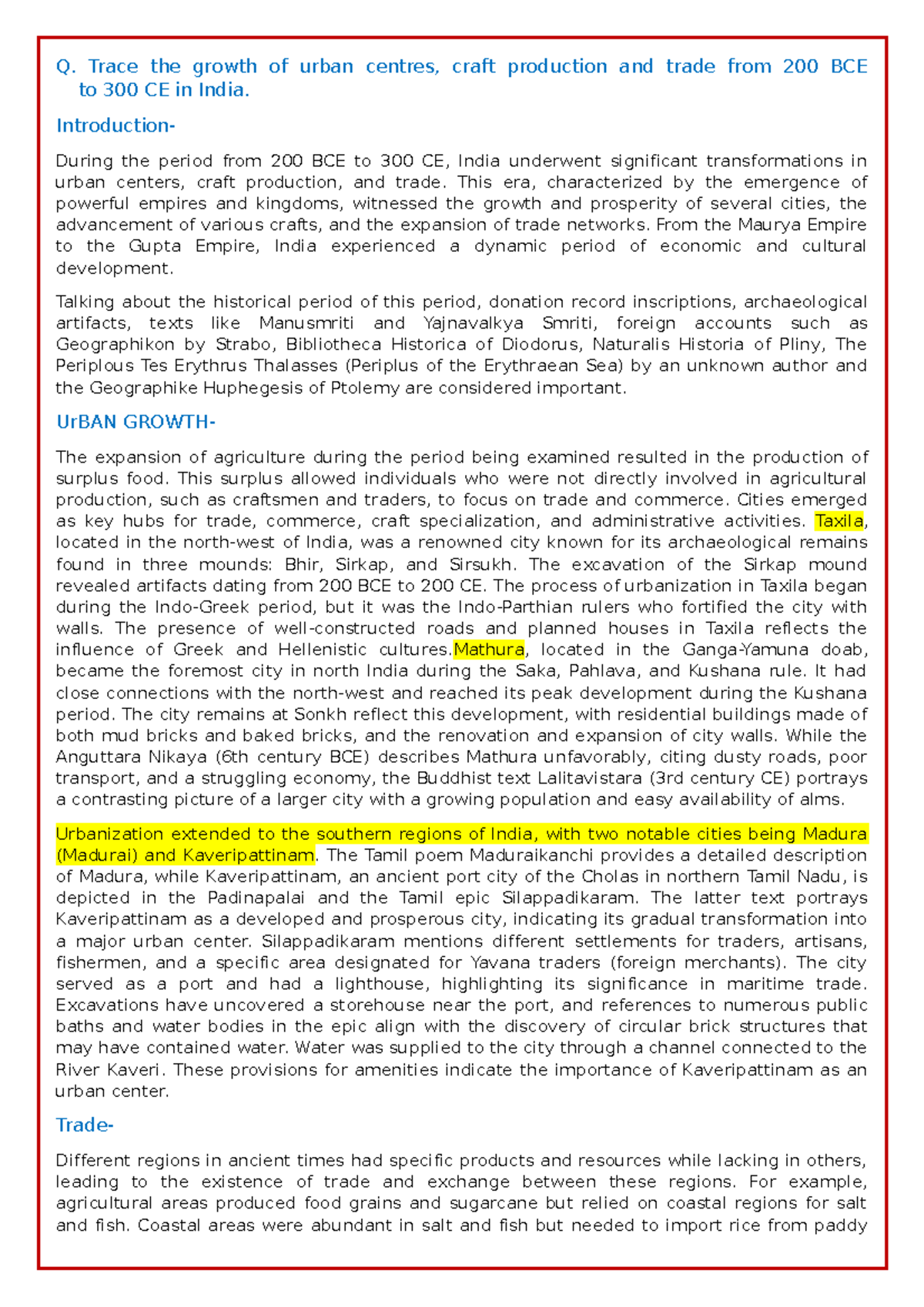 Towns and trade - Q. Trace the growth of urban centres, craft ...