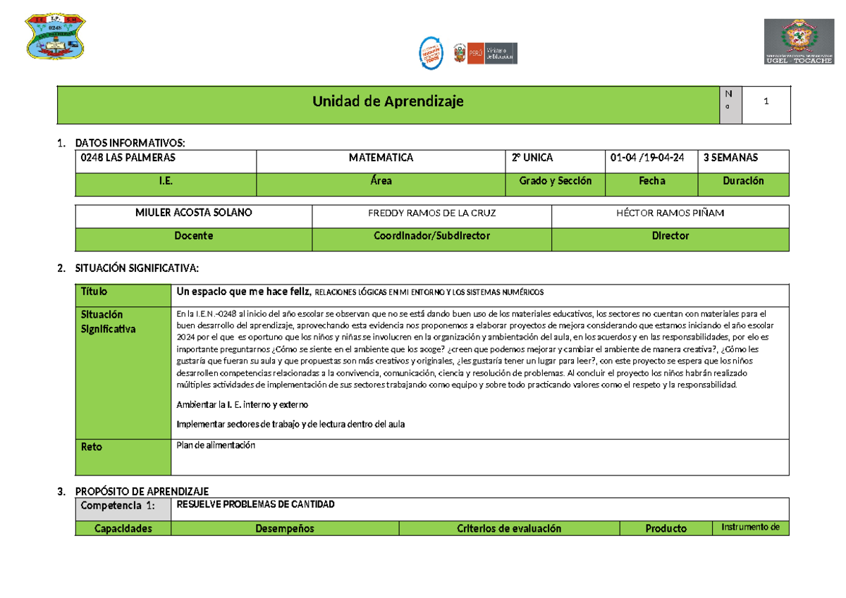 Unidad DE Aprendizaje mate 2° SEC - Unidad de Aprendizaje N º 1 1. DATOS INFORMATIVOS: 0248 LAS ...