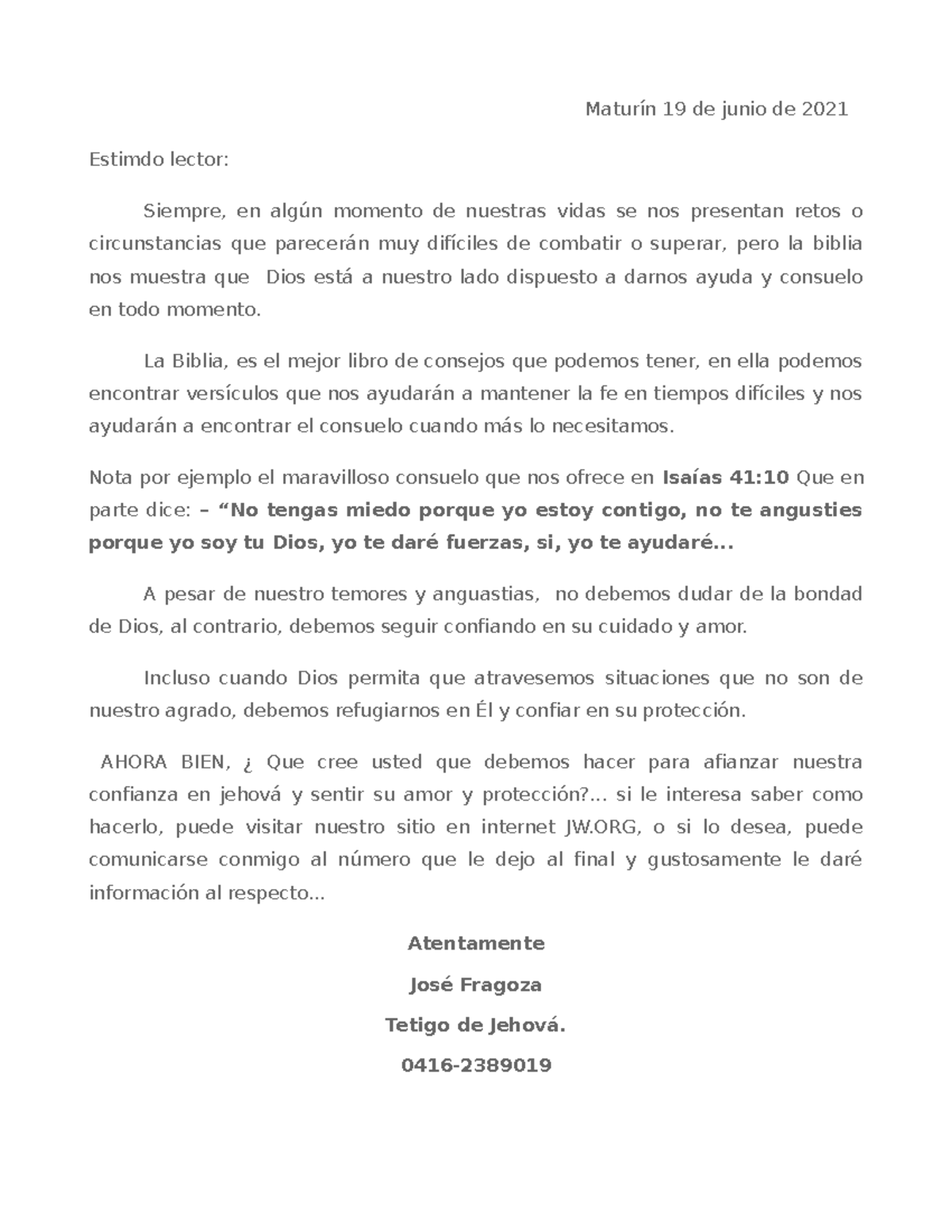 Carta de consuelo ante dificultades - Maturín 19 de junio de 2021 ...