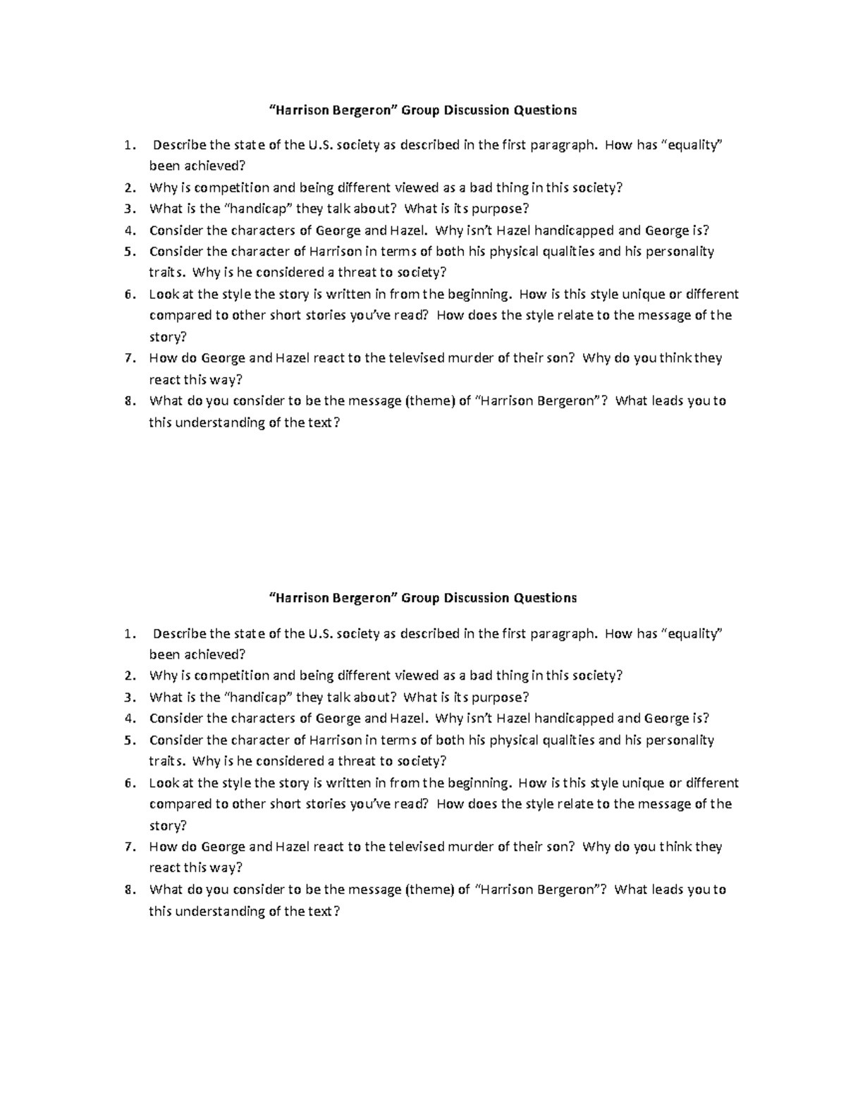 Harrison bergeron discussion questions - “Harrison Bergeron” Group ...