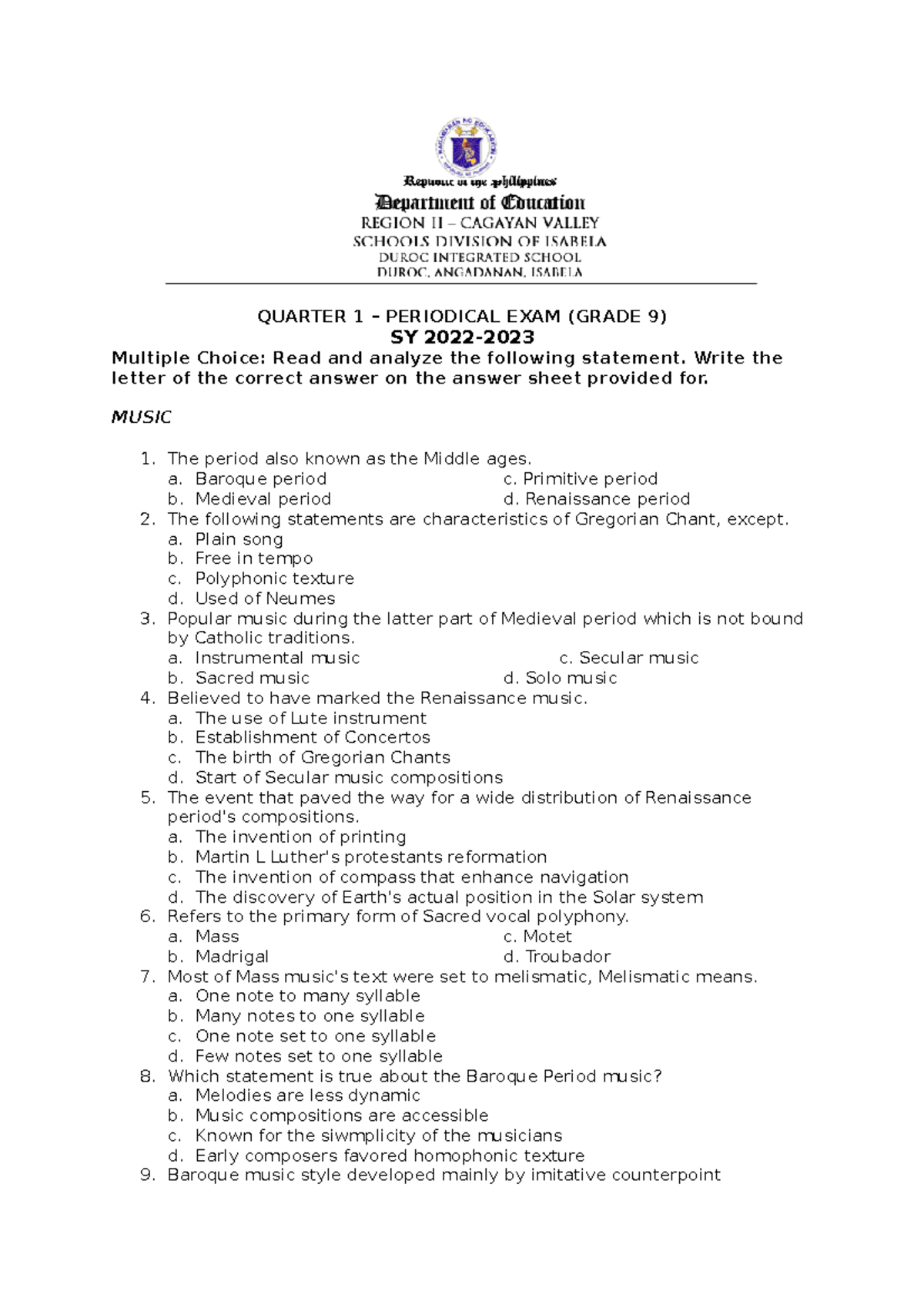 Grade 9 - exam - QUARTER 1 – PERIODICAL EXAM (GRADE 9) SY 2022 ...