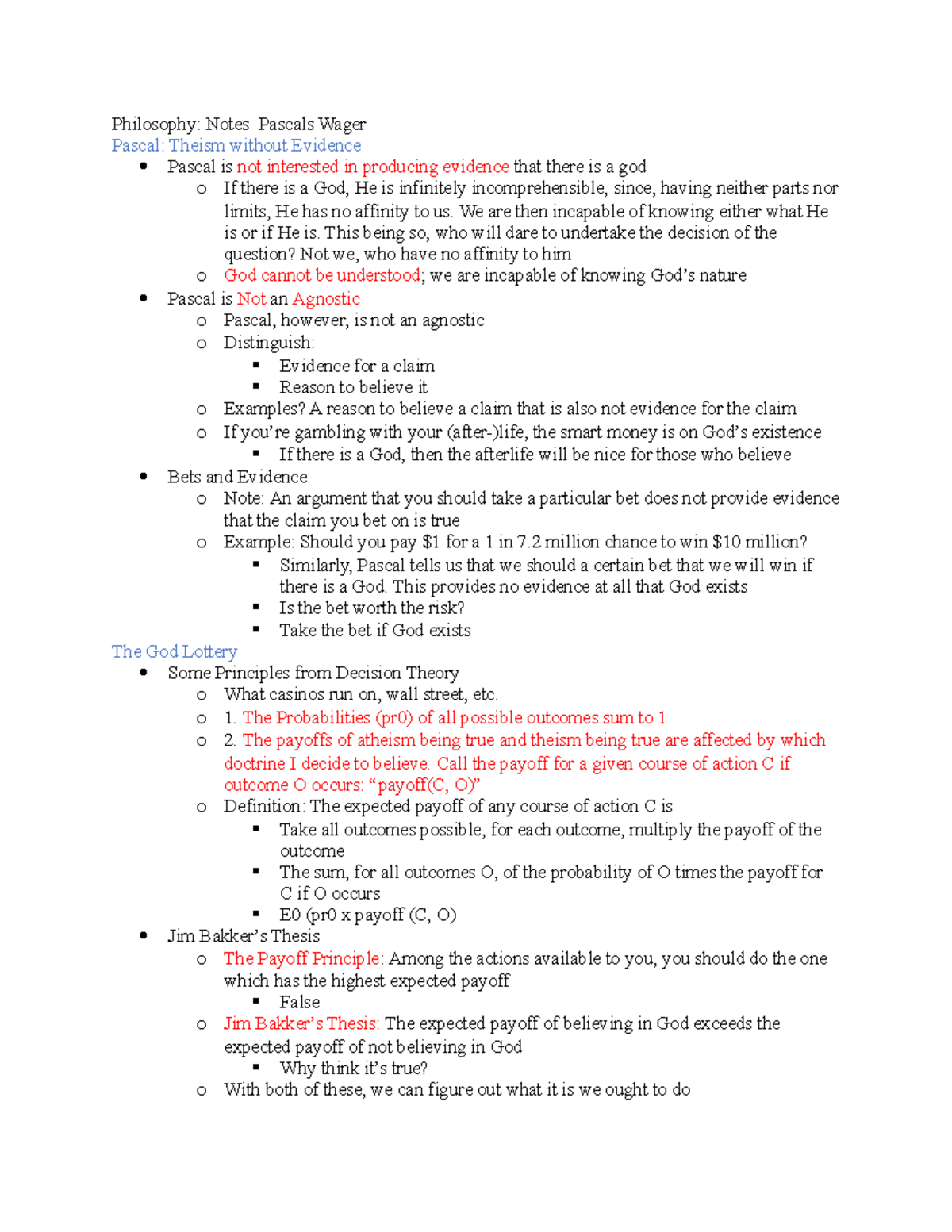 Philosophy Notes - Introductory Course - Pascal's Wager theory ...