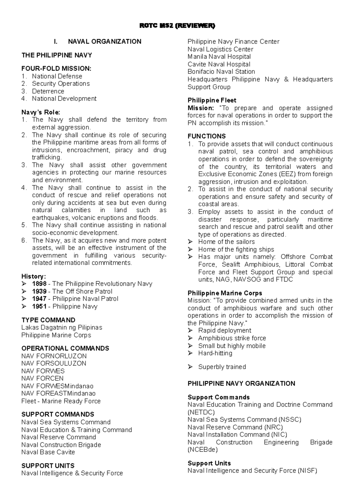 ROTC-MS2- Midterms - IDK - I. NAVAL ORGANIZATION THE PHILIPPINE NAVY FOUR-FOLD MISSION: National ...