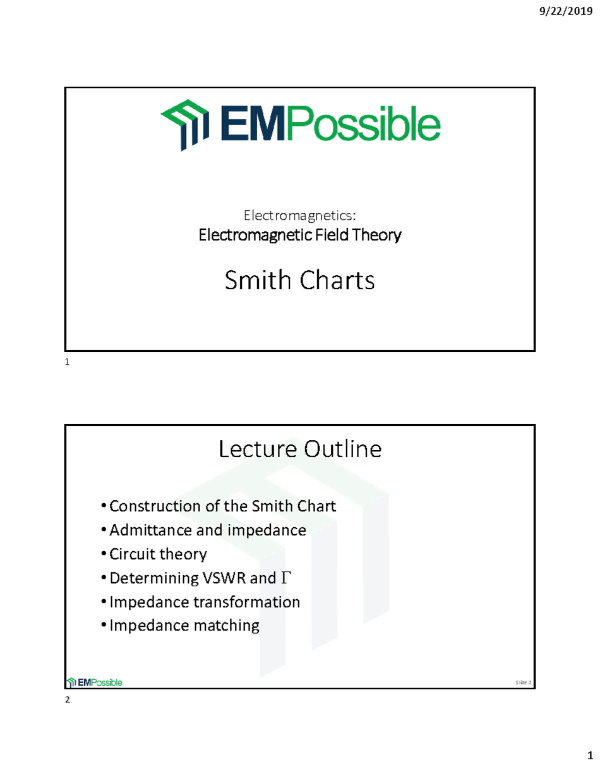 Lecture-Smith-Charts - Electromagnetics: Electromagnetic Field Theory ...