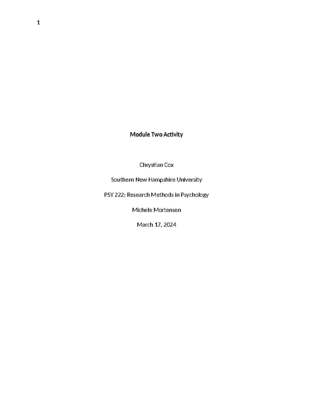 PSY222 Module Two Activity - Module Two Activity Chrystian Cox Southern ...