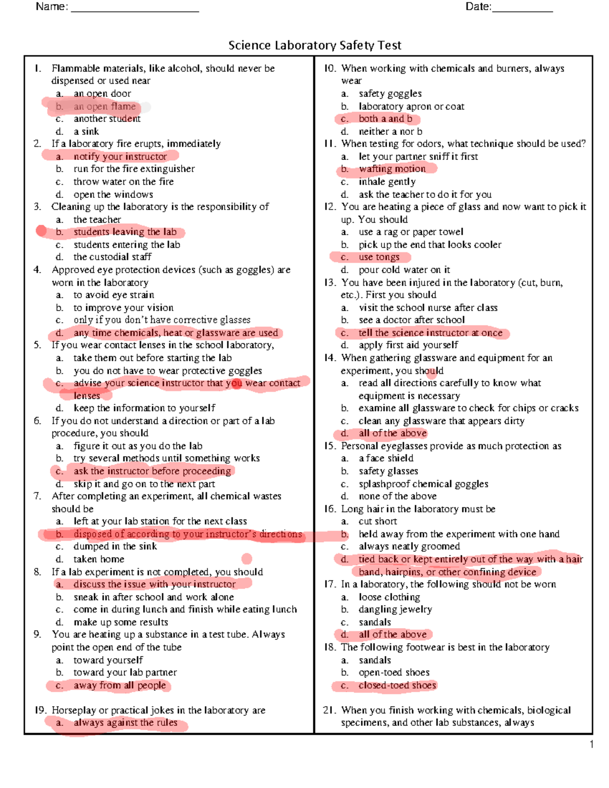 lab safety test - Name: _____________________ Date:__________ 1 Science ...