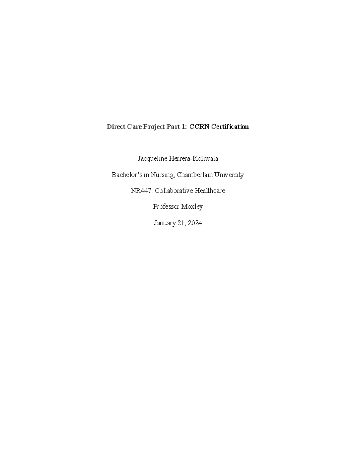 Collaborative Health Paper - Direct Care Project Part 1: CCRN ...