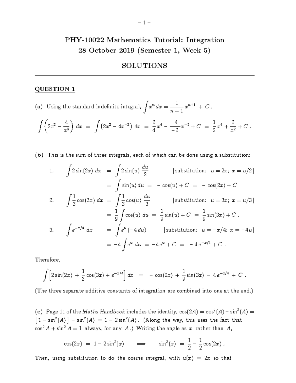 Semester 1 Tutorial 4 2019 Solutions - PHY-10022 Mathematics Tutorial ...