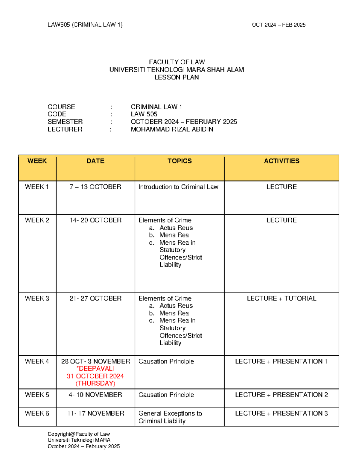 LAW505 Lesson PLAN OCT24 - LAW505 (CRIMINAL LAW 1) OCT 2024 – FEB 2025 ...