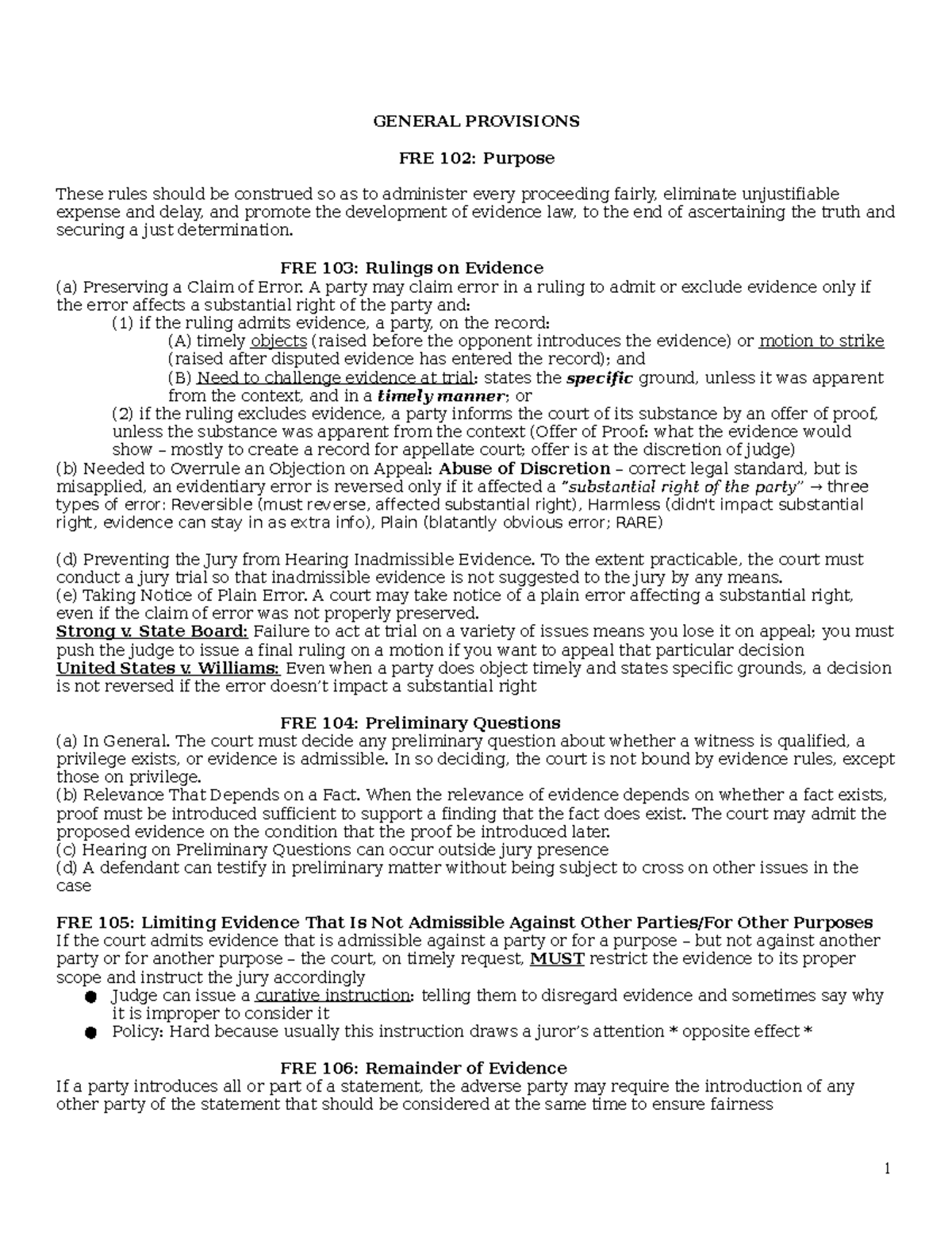 Evidence Outline - GENERAL PROVISIONS FRE 102: Purpose These rules ...