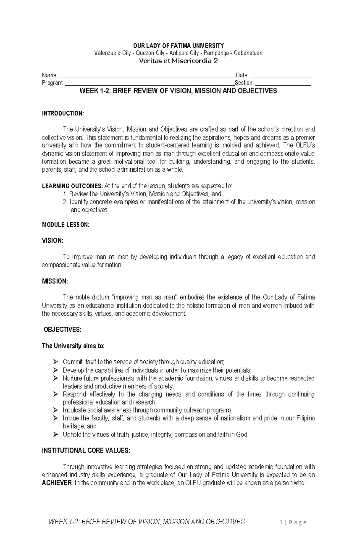 WEEK-1-2- Brief- Review-OF- Vision- Mission-AND- Objectives - WEEK 1-2 ...