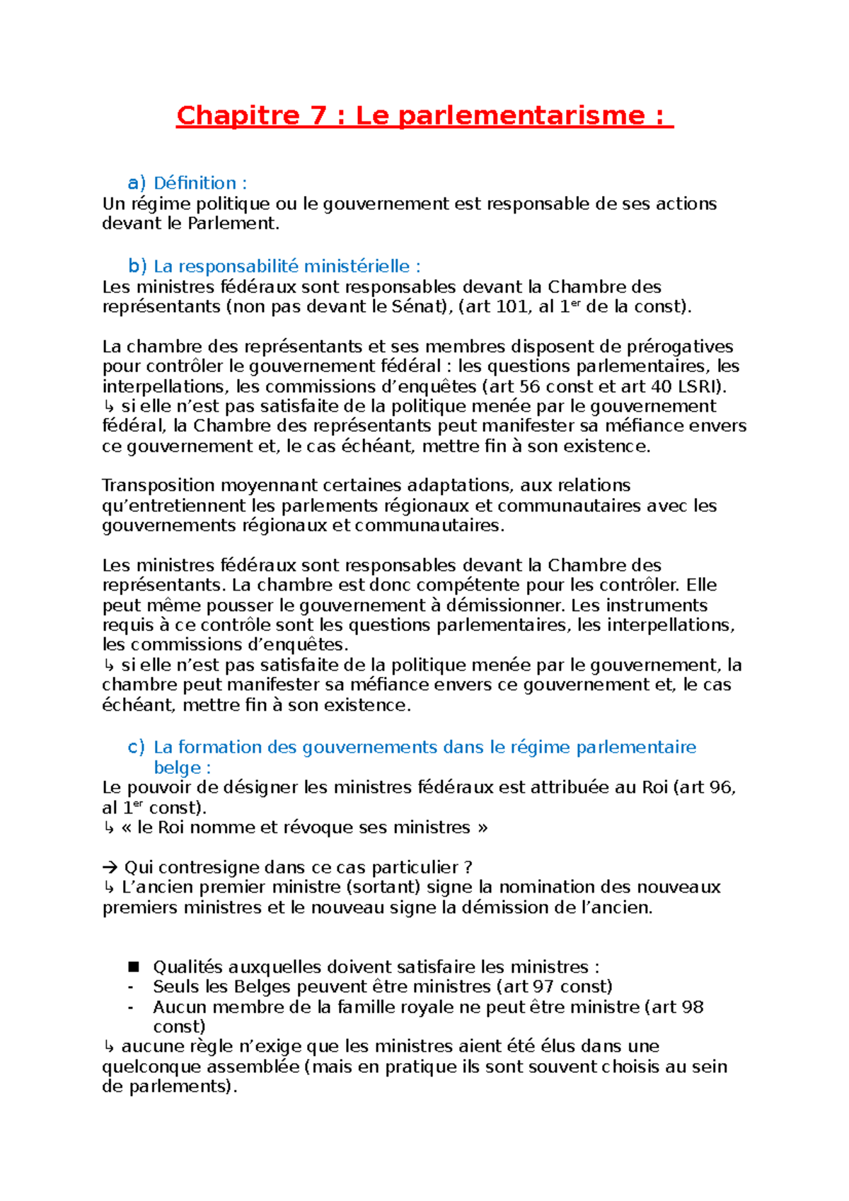 Fin synthèse droit 2021 - Chapitre 7 : Le parlementarisme : a ...