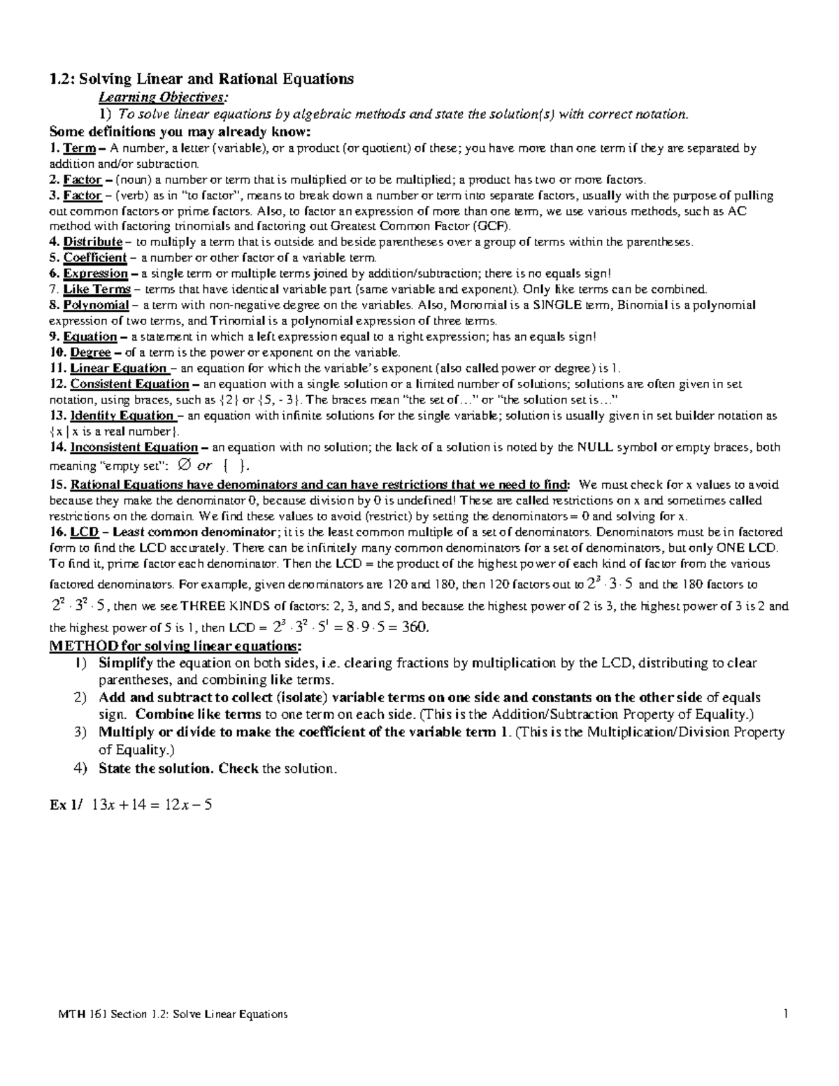 1.2 Solving Linear Equations(notes) - REV SP20 remote - MTH 161 Section ...