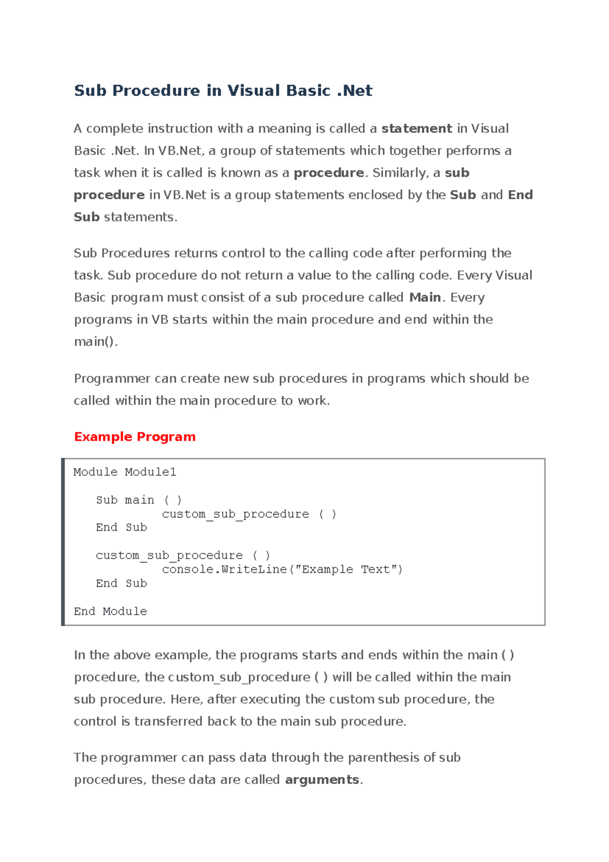 .net notes - Sub Procedure in Visual Basic .Net A complete instruction ...