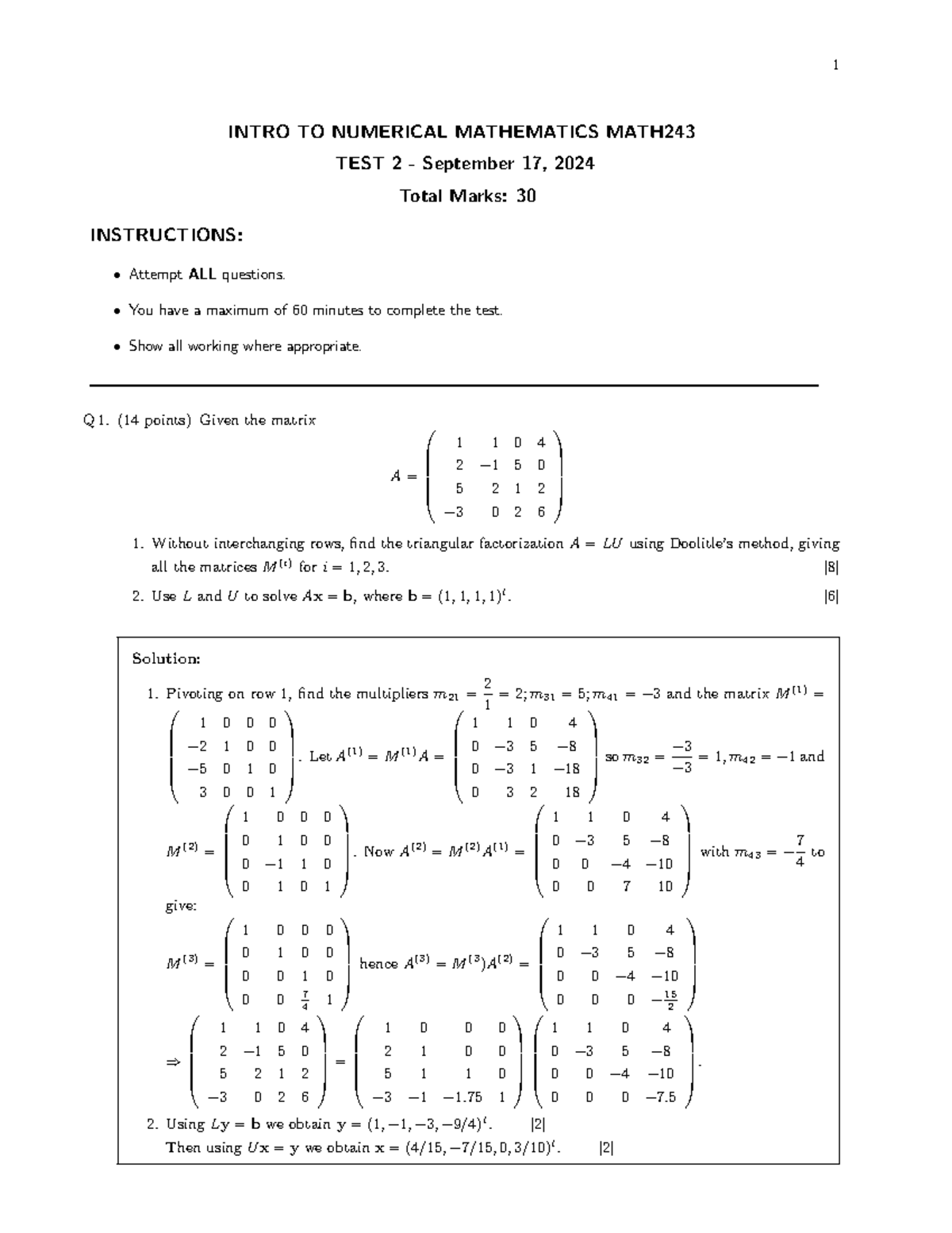 Math243-2024-Test 2 ans - 1 INTRO TO NUMERICAL MATHEMATICS MATH TEST 2 ...