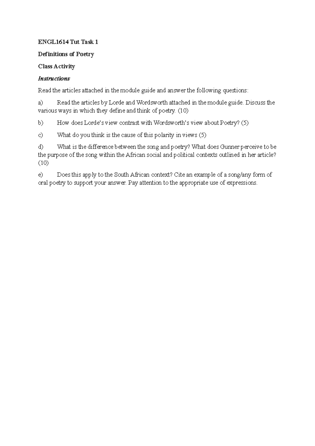 ENGL2614 Tut Task 1, 2024 - ENGL1614 Tut Task 1 Definitions of Poetry ...