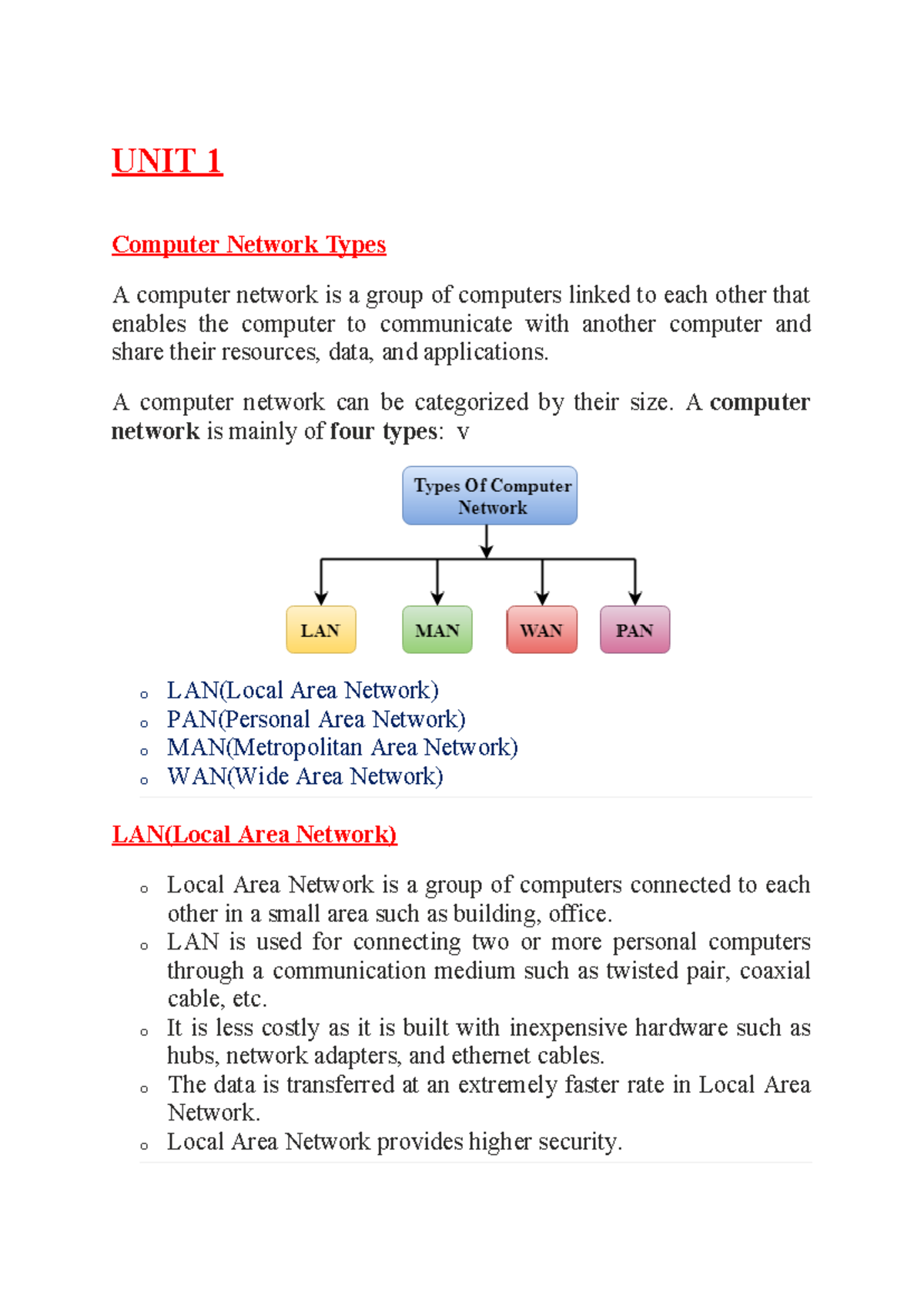 UNIT 1 B (CN) - FIRST UNIT - UNIT 1 Computer Network Types A computer network is a group of ...