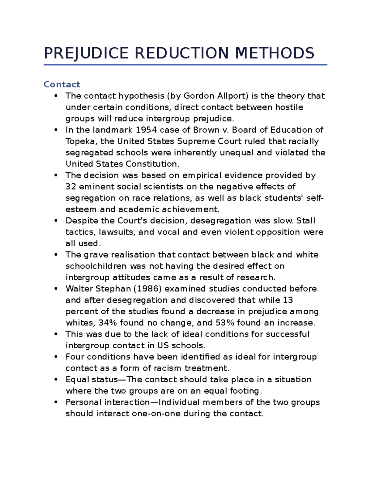 Ways to reduce prejudice - PREJUDICE REDUCTION METHODS Contact The ...