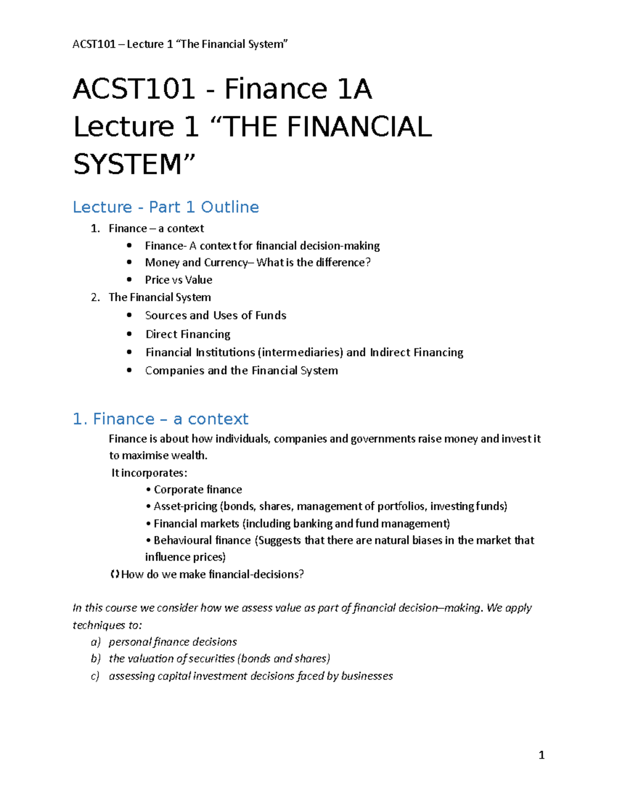 Lecture 1 Notes - ACST101 Lecture 1 Financial ACST101 Finance 1A ...