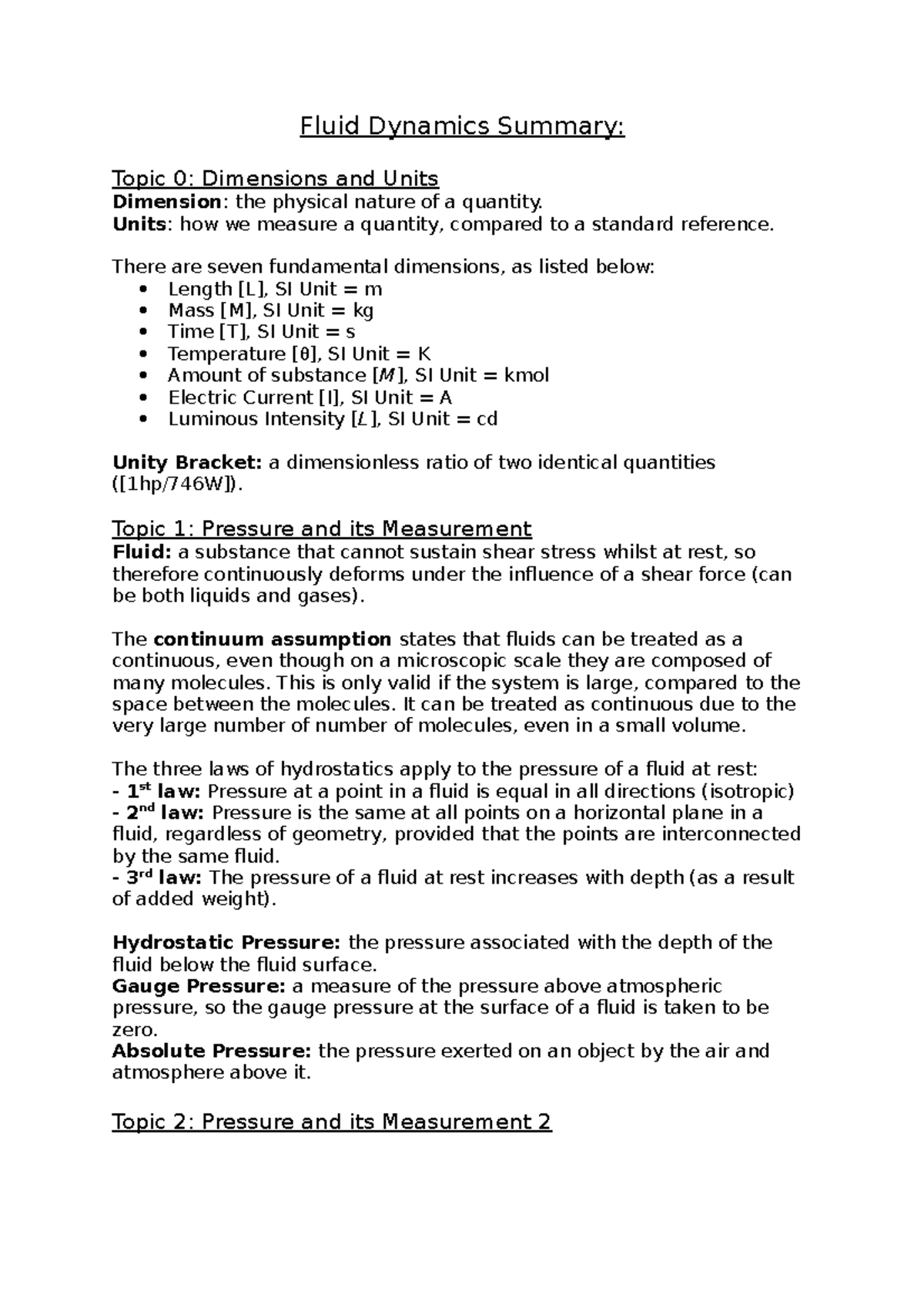 Fluid dynamics summary - Fluid Dynamics Summary: Topic 0: Dimensions ...
