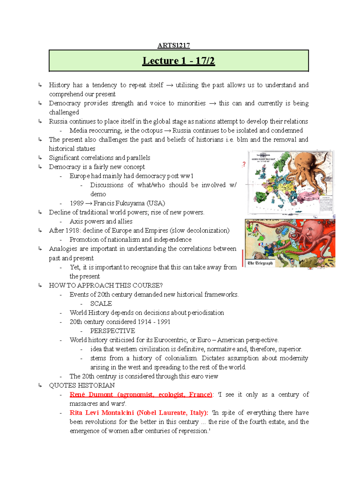 Arts1271 Lecture notes - ARTS Lecture 1 - 17/ ↳ History has a tendency ...