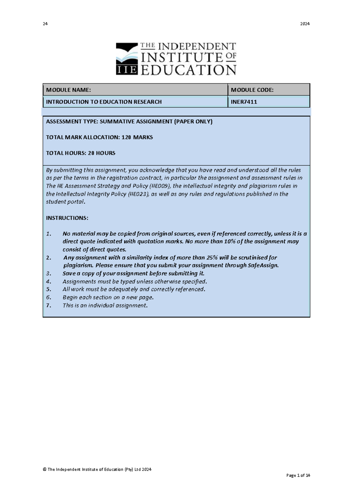 INER7411 Summative Assignment - MODULE NAME: MODULE CODE: INTRODUCTION TO EDUCATION RESEARCH ...