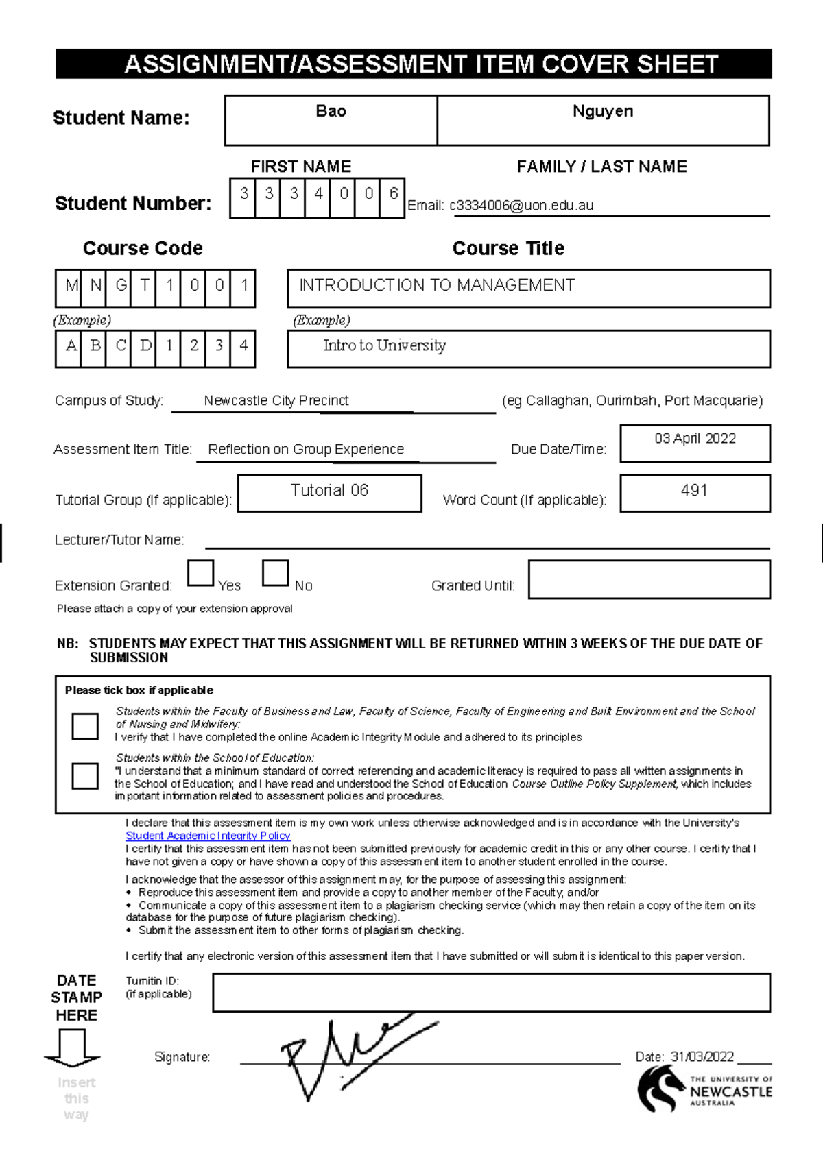 Assignment 1B - Reflection on Group Experience - ITEM COVER SHEET Bao ...