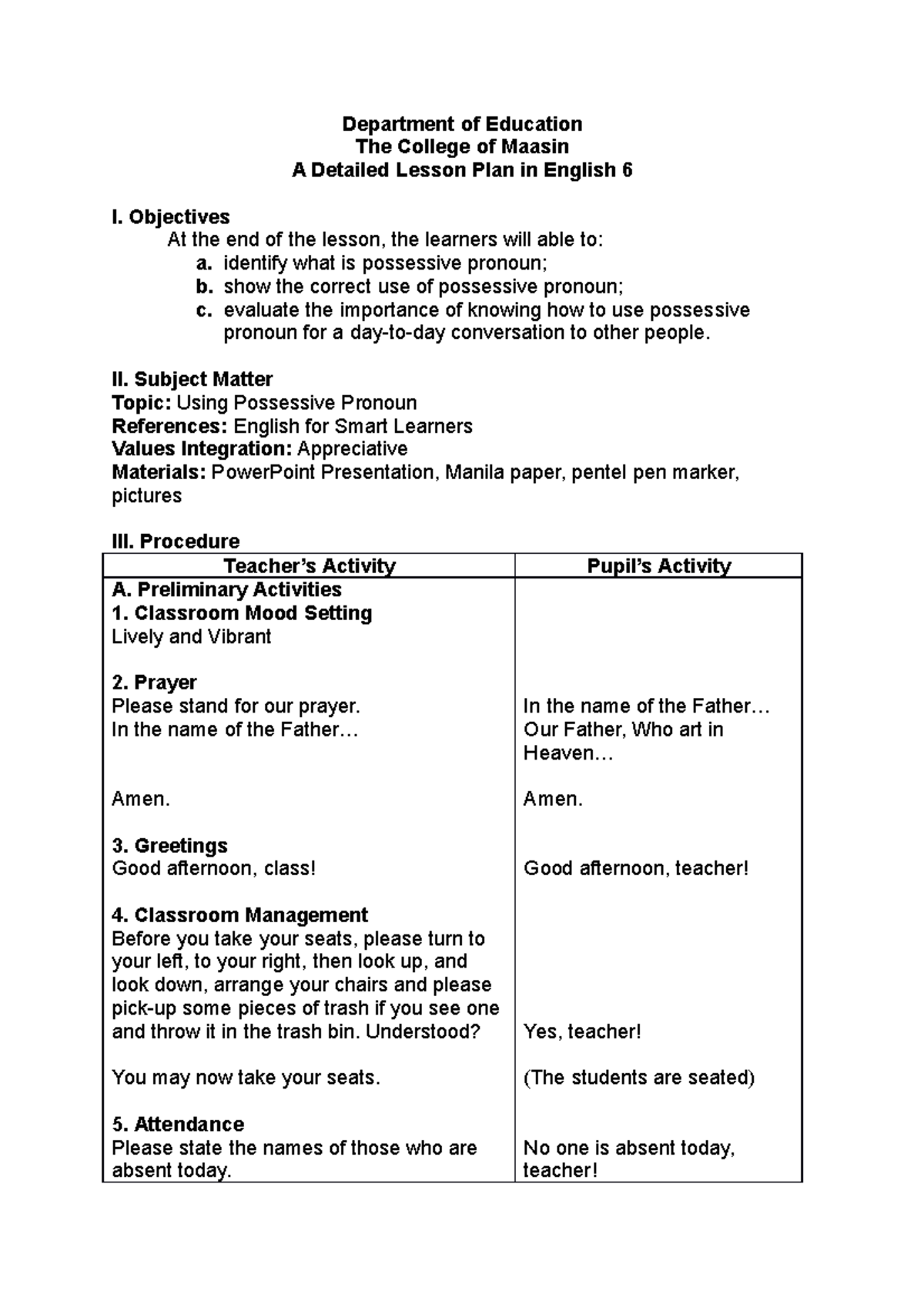 Eng 6 LP Possessive Pronoun - Department of Education The College of ...
