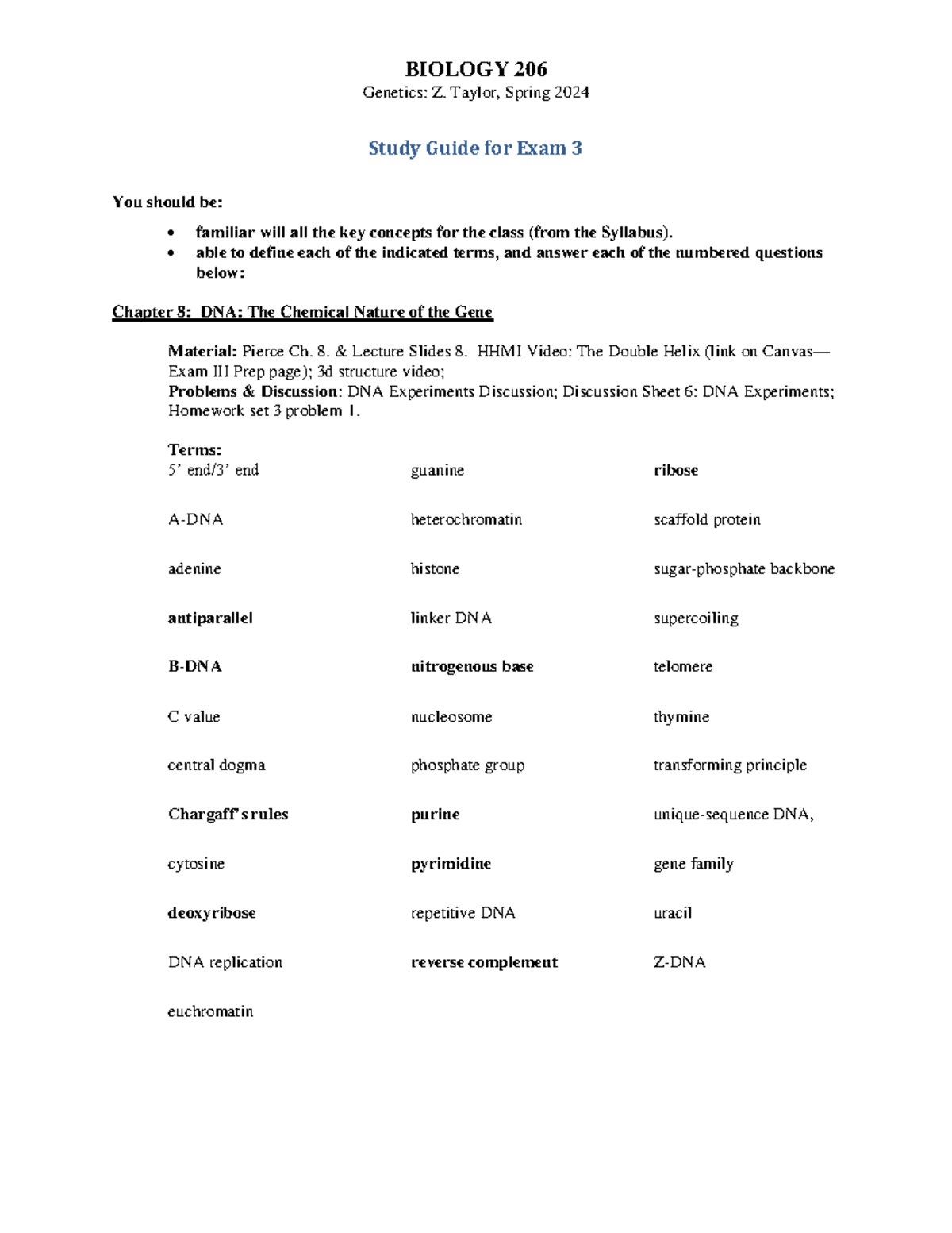 Genetics-2024-Ex3-Study Guide-0327 copy - Genetics: Z. Taylor, Spring ...