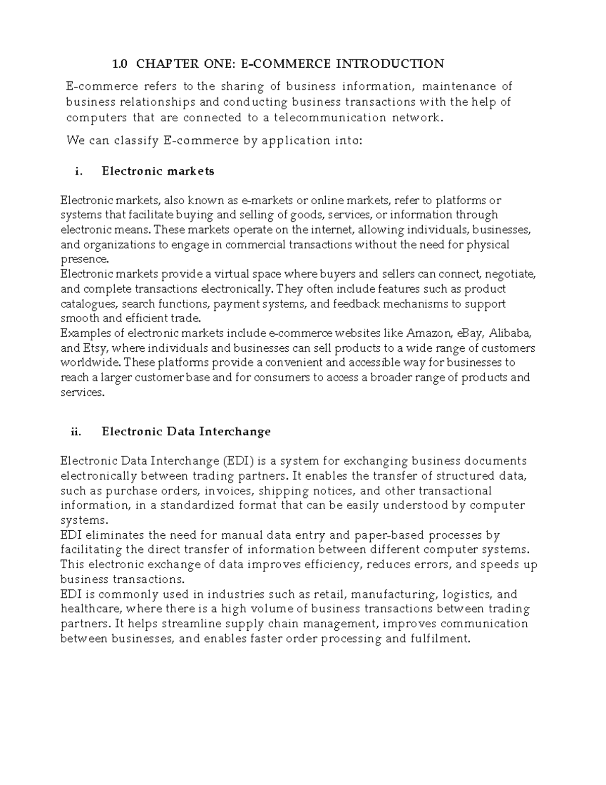 01 E- Commerce Introduction - 1 CHAPTER ONE: E-COMMERCE INTRODUCTION E-commerce refers to the ...