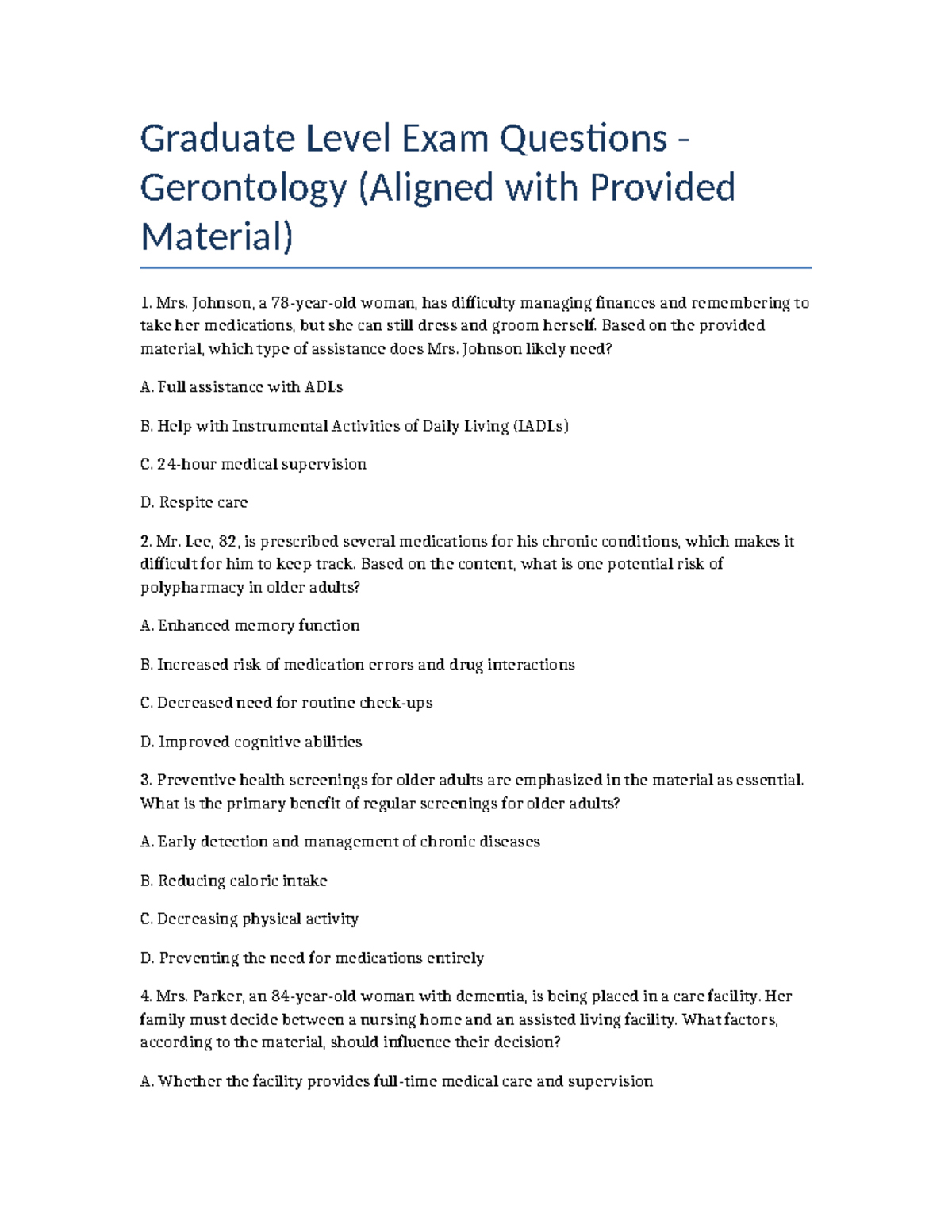 Refined Graduate Level MCQ Gerontology - Graduate Level Exam Questions ...
