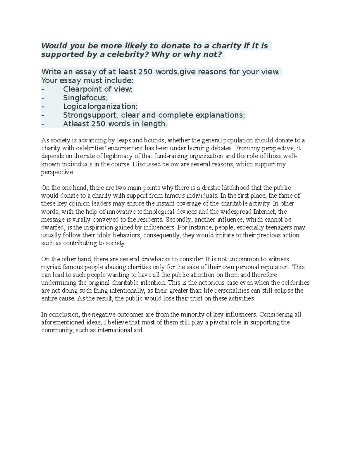 Charity + celeb essay - TAN121 - Would you be more likely to donate to ...