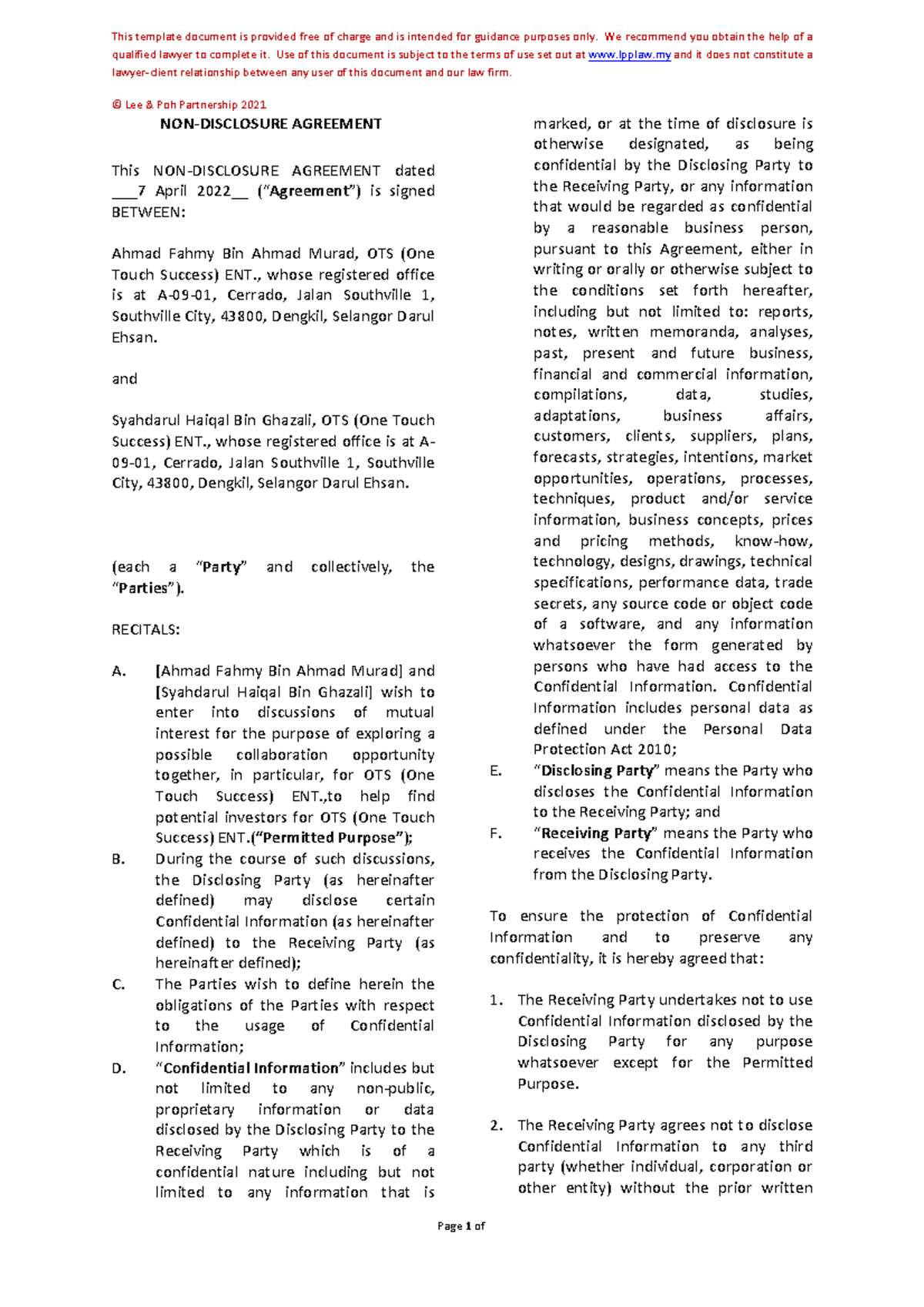 NDA sample (mutual) - This template document is provided free of charge ...