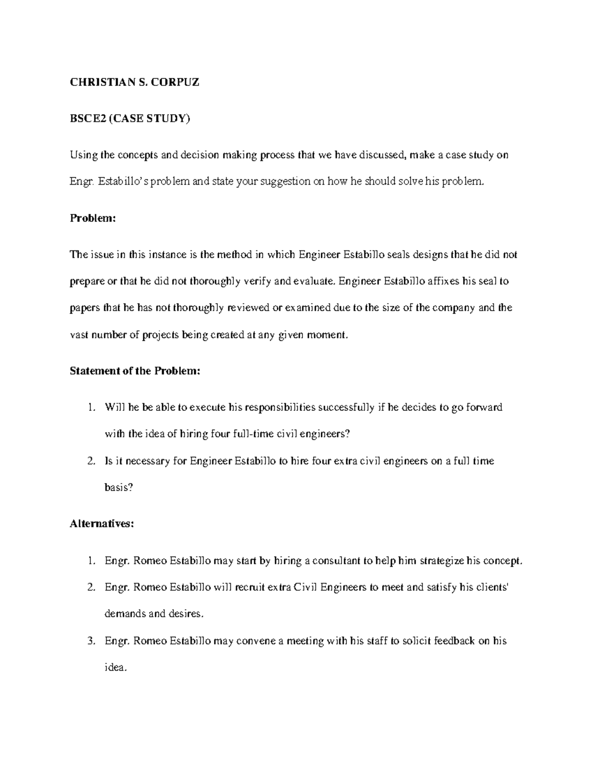 Case Study (Engr. Estabillo) - CHRISTIAN S. CORPUZ BSCE2 (CASE STUDY ...