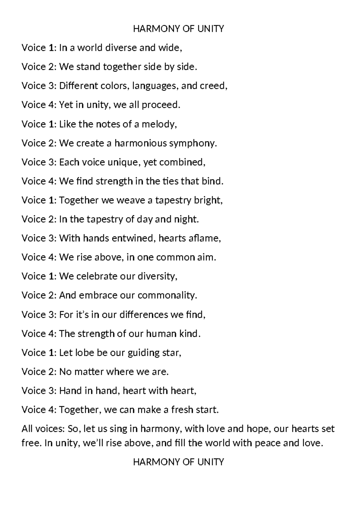 Harmony OF Unity - this is an assignments. - HARMONY OF UNITY Voice 1 ...
