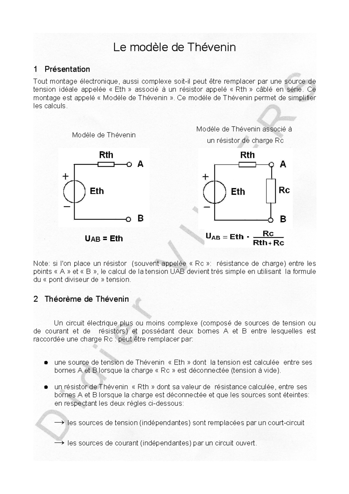 Cours 27 le theoreme de thevenin - Le modèle de Thévenin 1 Présentation ...