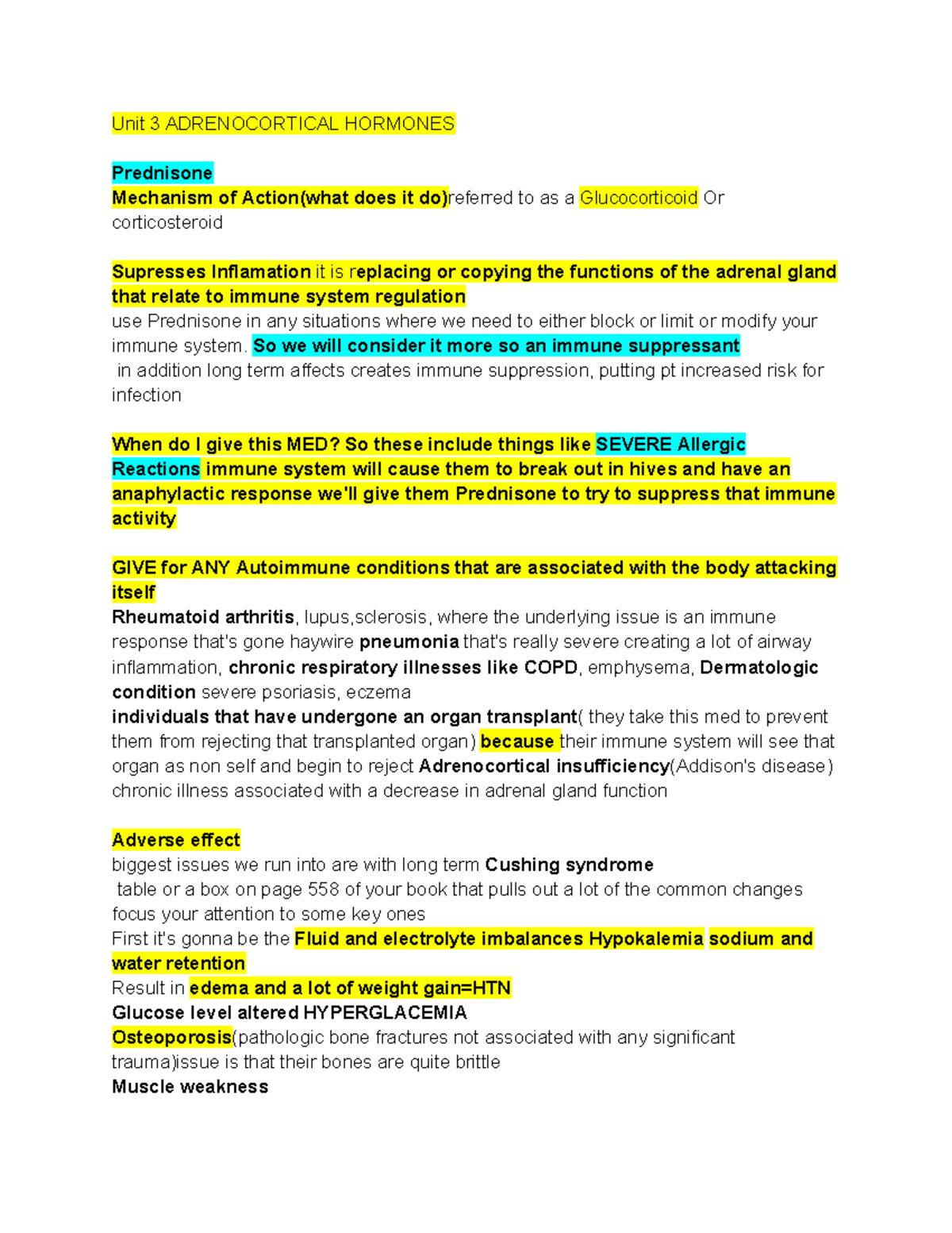 Unit 3 4 pharmacology study guide - Unit 3 ADRENOCORTICAL HORMONES ...