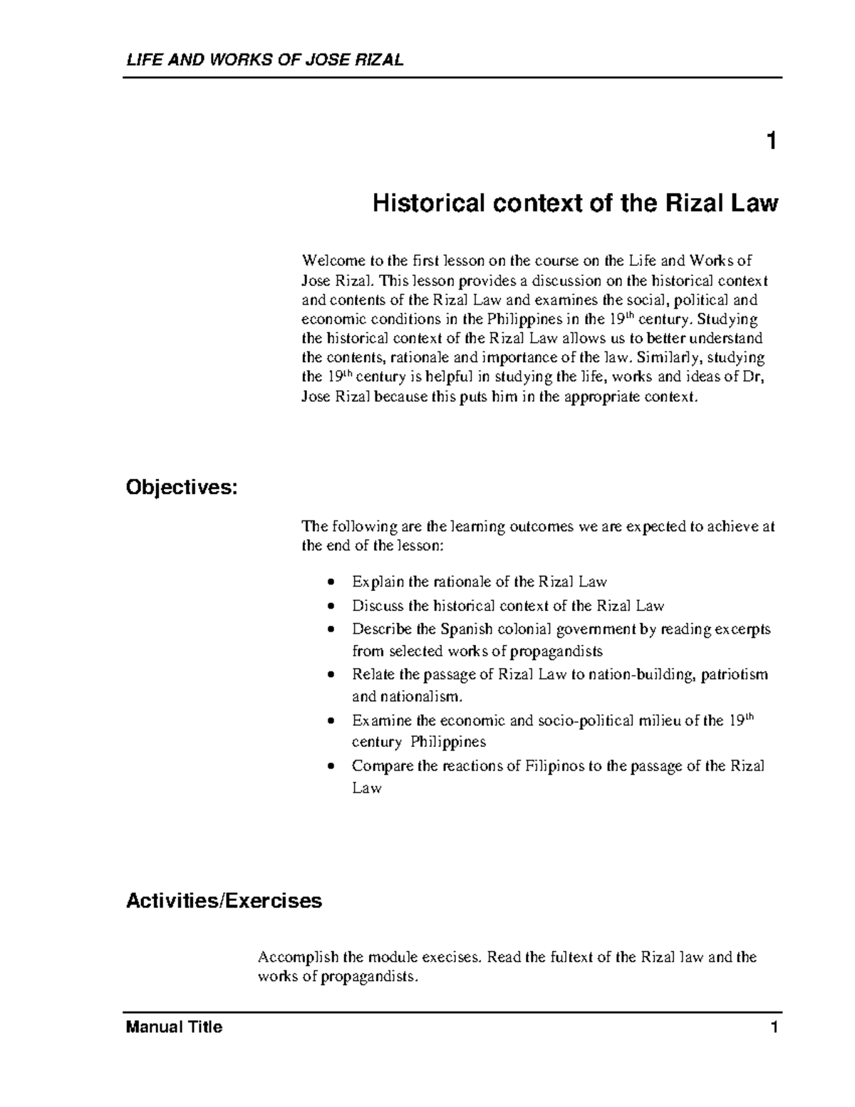 Lesson 1 Rizal Law And 19th Century - LIFE AND WORKS OF JOSE RIZAL ...