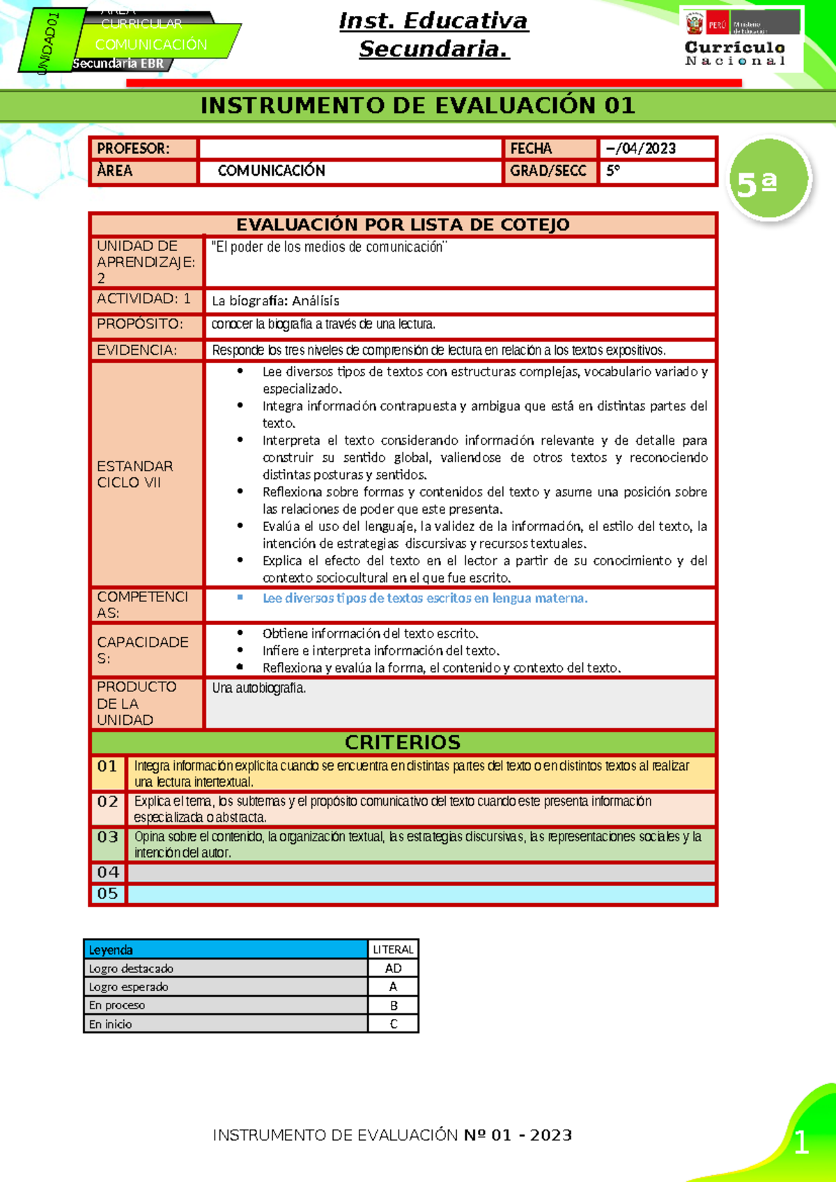 5º LC 1 COM UNI 2 SEM 01 - 2023 - COMUNICACIÓN UNIDAD Secundaria EBR ÁREA CURRICULAR Inst ...