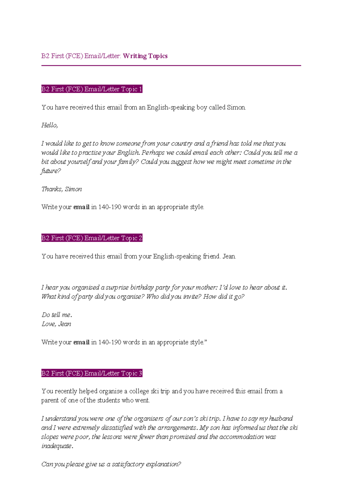 Part 4 - B2 First FCE - Email Letter Writing Topics - B2 First (FCE ...