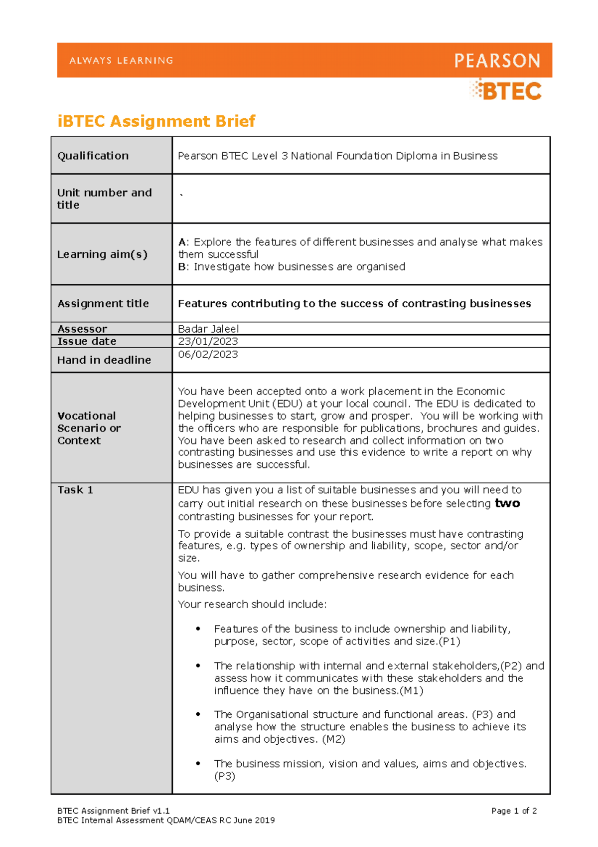 U1a1 1 Assignment 1 Features Contributing To The Success Of Contrasting Businesses Ibtec