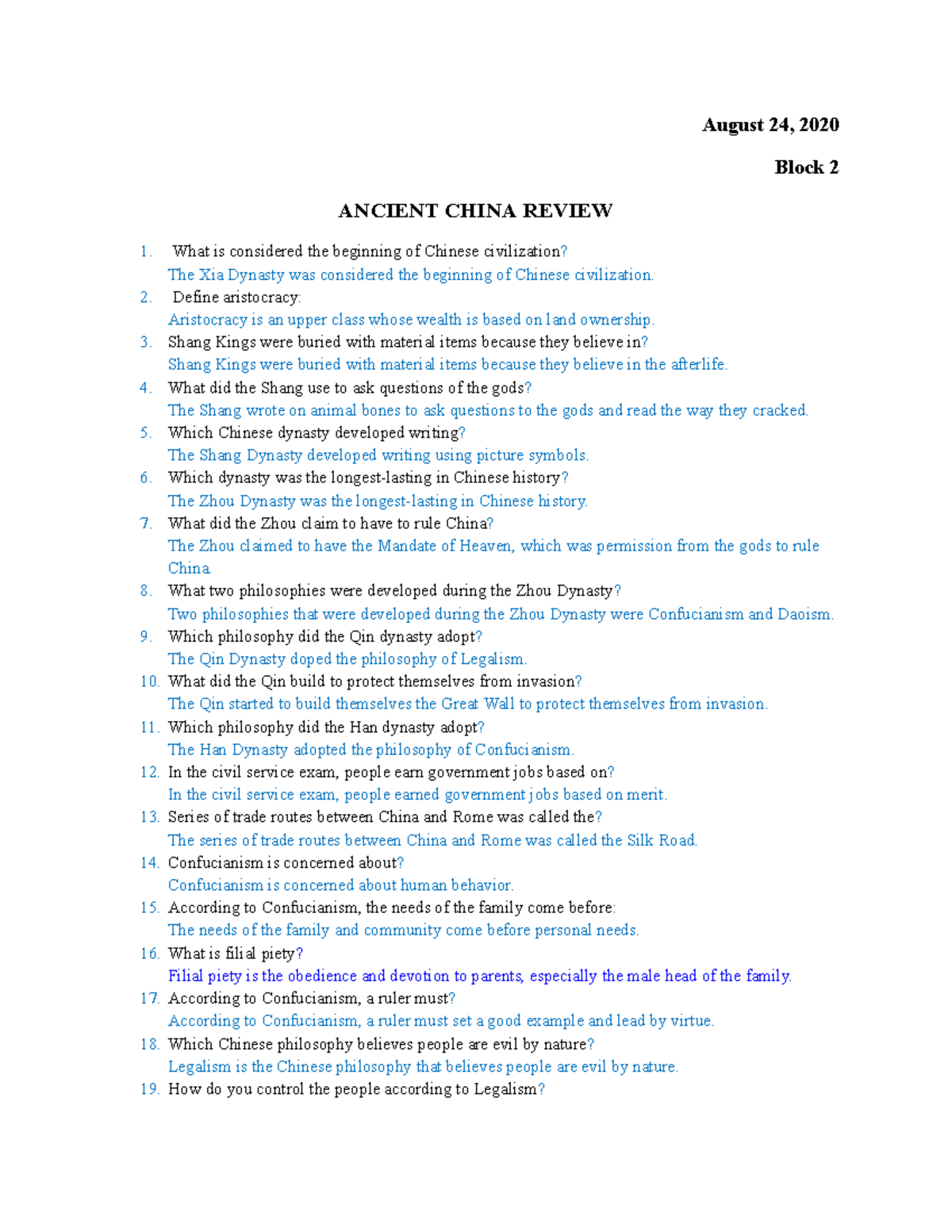 Ancient China Review - August 24, 2020 Block 2 ANCIENT CHINA REVIEW ...