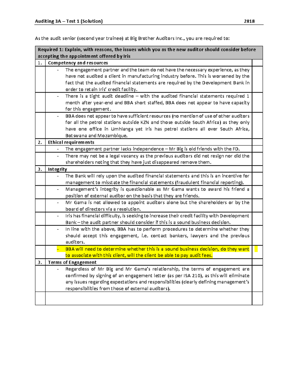 Auditing 3A - Test 1 2018 - Solution - As the audit senior (second year ...