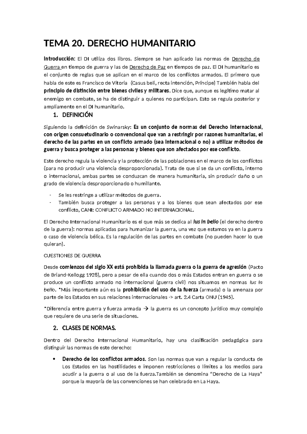 Tema 20 - apuntes - TEMA 20. DERECHO HUMANITARIO Introducción: El DI ...