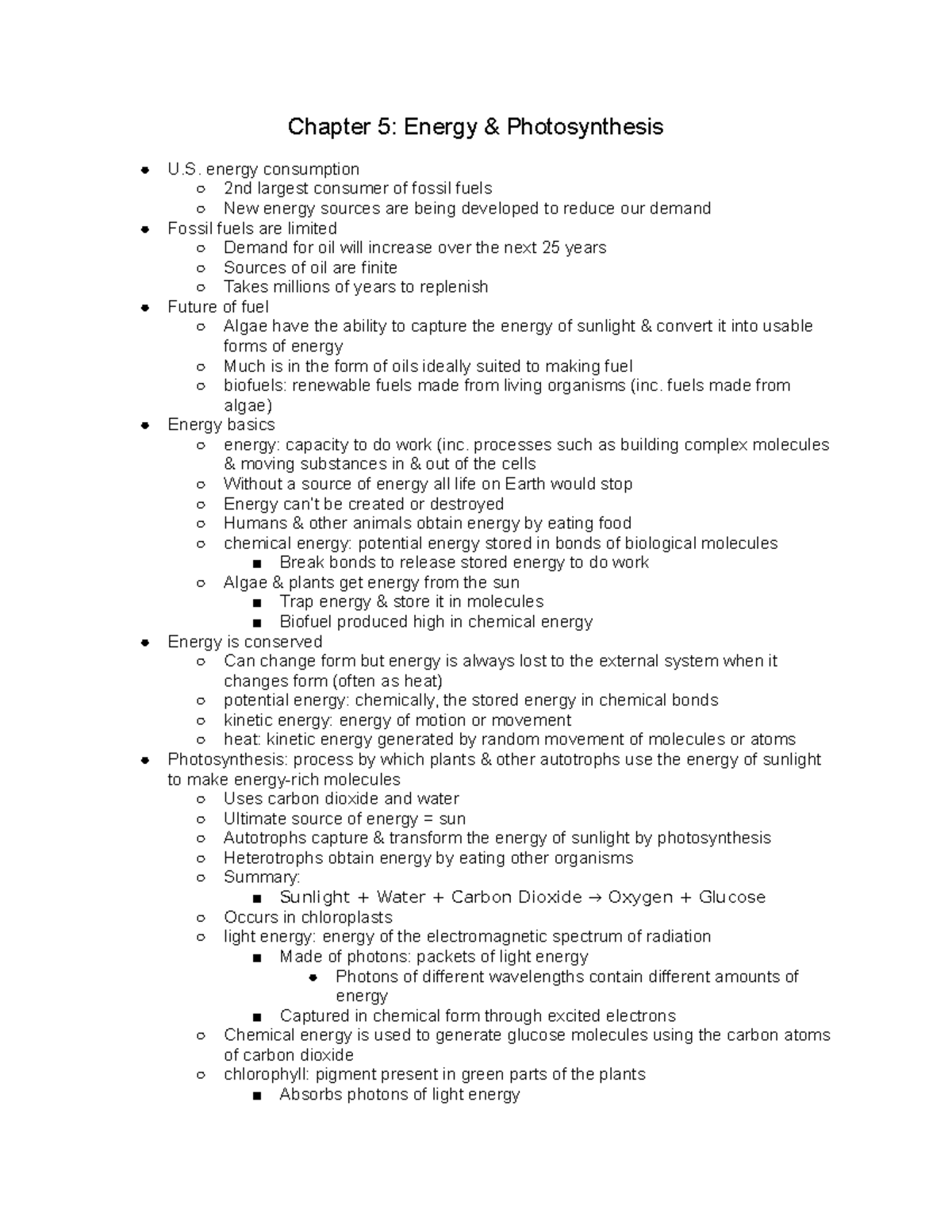 Chapter 5 - notes - Chapter 5: Energy & Photosynthesis U. energy ...