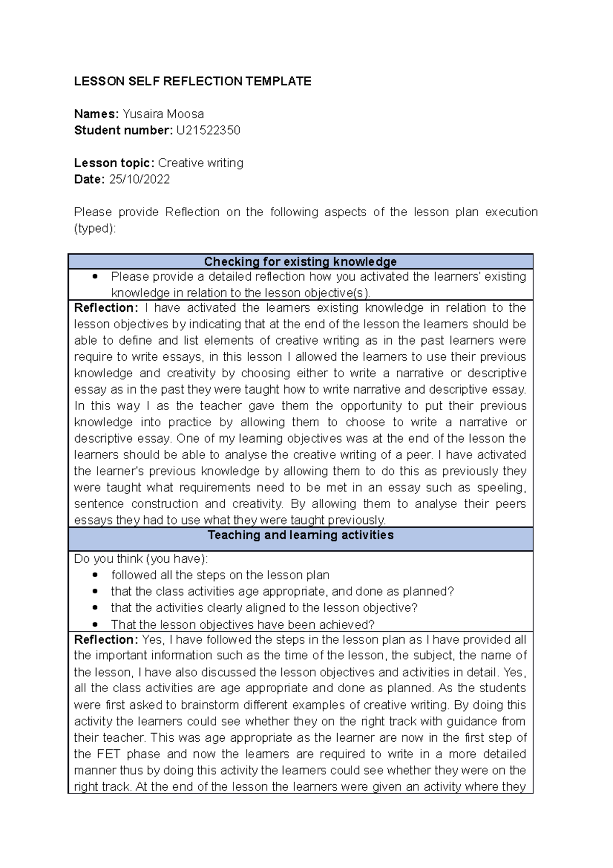 Self reflection on taught lesson - LESSON SELF REFLECTION TEMPLATE ...