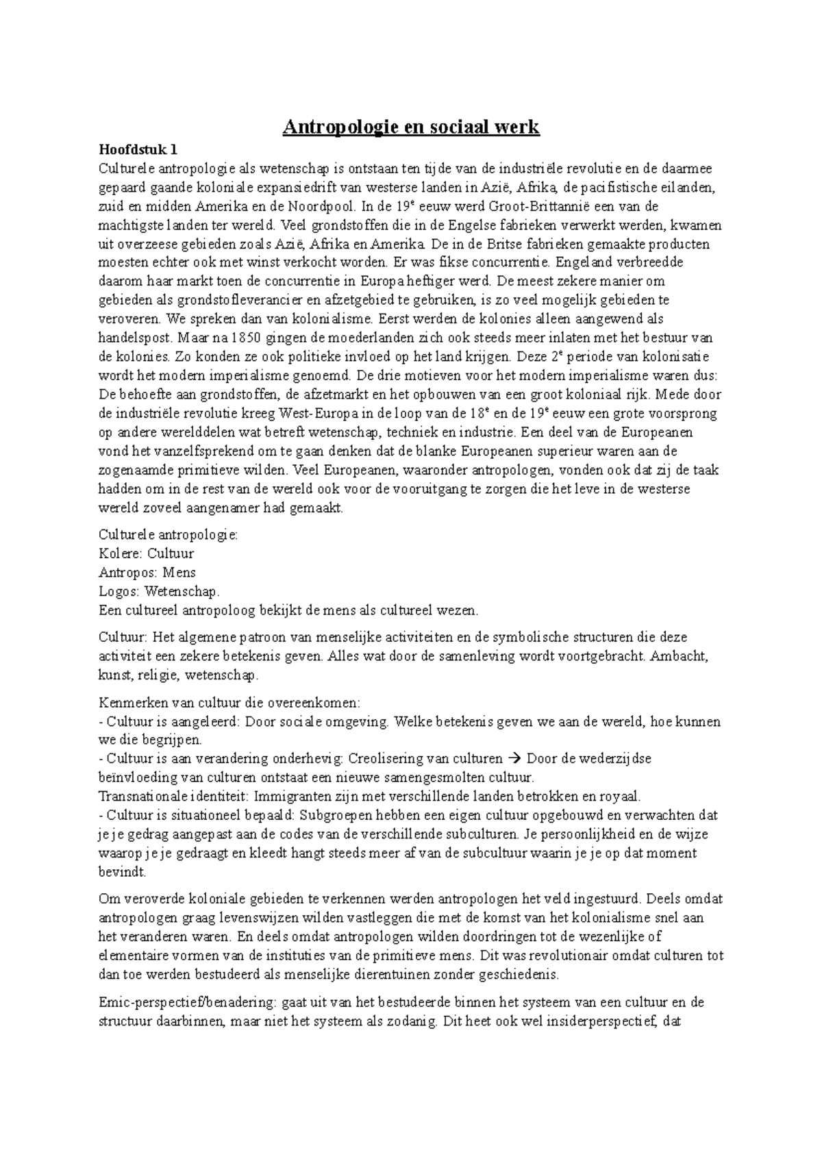 Antropologie en sociaal werk - Antropologie en sociaal werk Hoofdstuk 1 Culturele antropologie ...