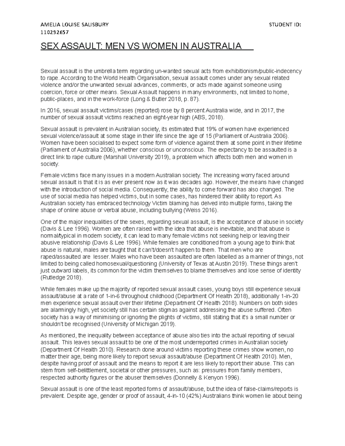 Finished Essay - sexual assault, men / women report + stats - 110292657 ...