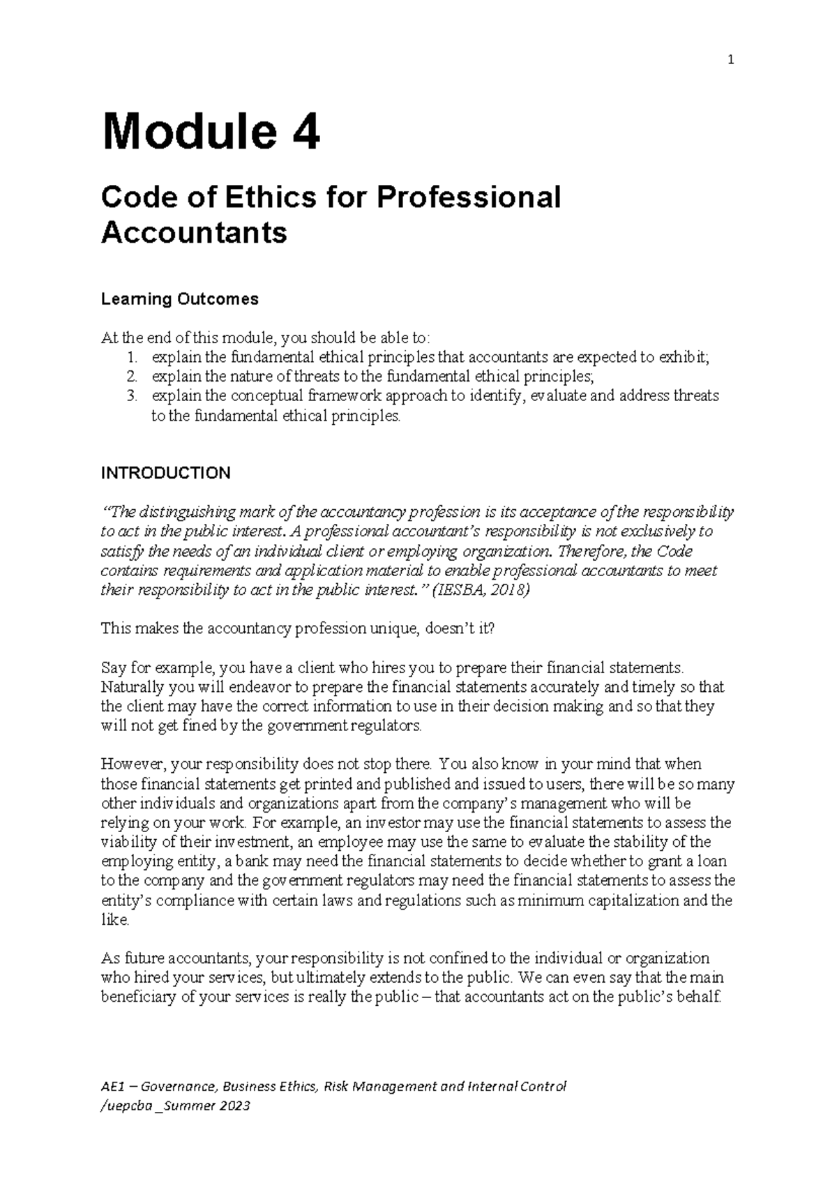 Module 4 Code of Ethics - AE1 – Governance, Business Ethics, Risk ...